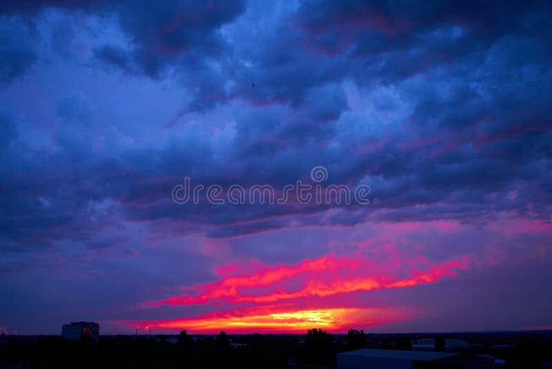 Fiery Summer Sunset Landscape. Orange Sun and Dark Blue Sky Stock Image ...