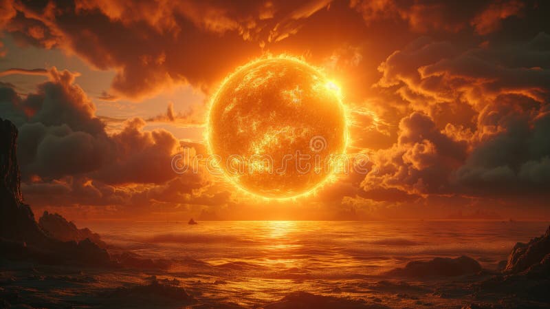 Fiery sun over water stock illustration. Illustration of twilight ...