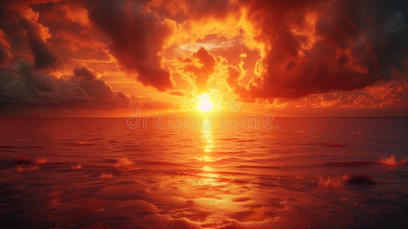 Fiery sun over water stock illustration. Illustration of cloud - 309282929