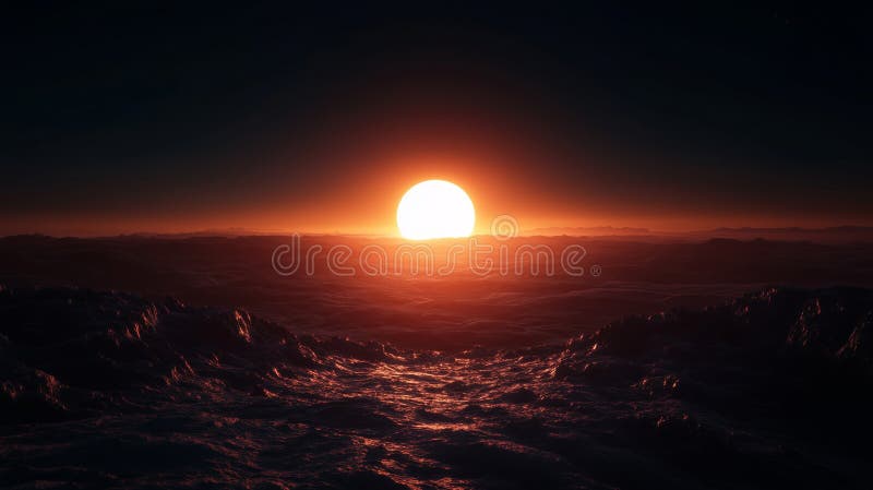 Fiery Sun Rising Over Rocky Horizon at Night Stock Photo - Image of ...