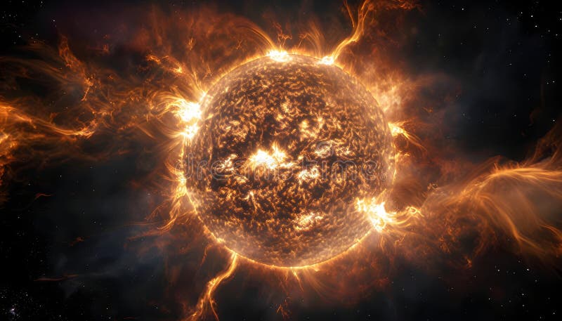 Fiery Sun with Solar Flares Against Deep Space, Cosmic Exploration ...