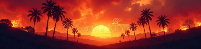 Fiery Sunset Backdrop, Palm Trees Consumed by Wildfire , Sky, Evening ...