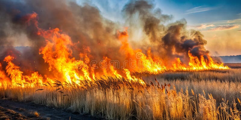 Fiery Sunset Blaze Grass Fire with Smoke and Clouds, Wildfire , Nature ...