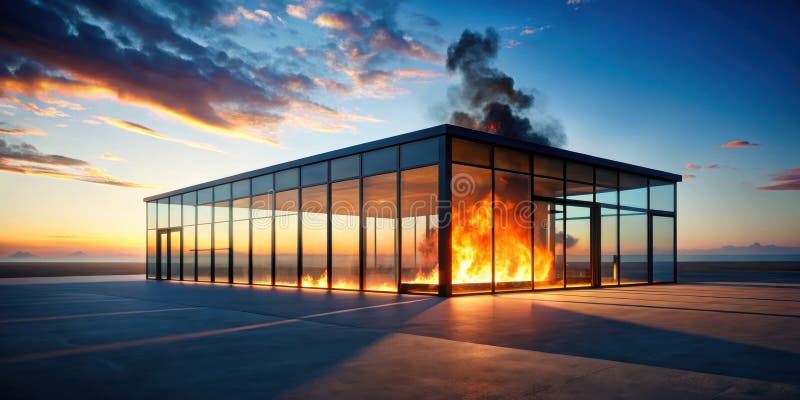 Fiery Sunset Blaze within Modern Glass Pavilion Structure. Generative ...