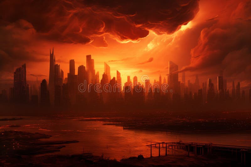 Fiery Sunset Cityscape stock illustration. Illustration of architecture ...