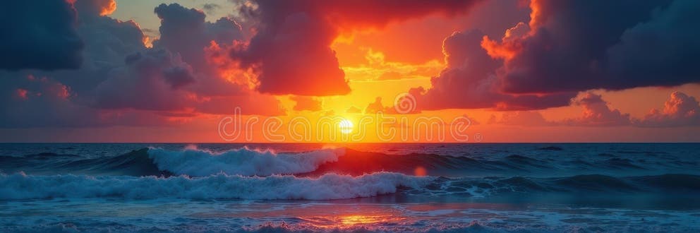 Fiery Sunset Explodes Over Ocean Waves, Dramatic Sky, Orange, Majestic ...