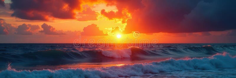Fiery Sunset Explodes Over Ocean Waves, Dramatic Sky, Sea, Ray, Image ...
