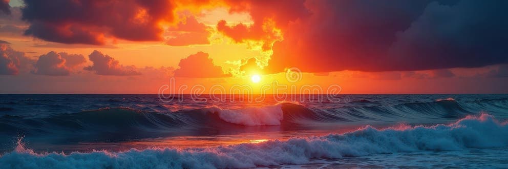 Fiery Sunset Explodes Over Ocean Waves, Dramatic Sky, Sea, Ray, Image ...