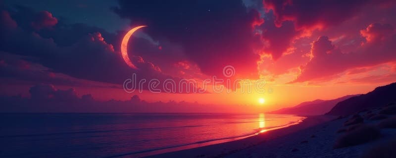 Fiery Sunset Hues Blend into Night Crescent Moon Ascends Color Evening ...