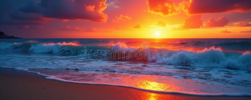Fiery Sunset Hues Ignite Ocean Waves, Sandy Beach Glows, Energy, Fiery, Coast Stock Illustration ...