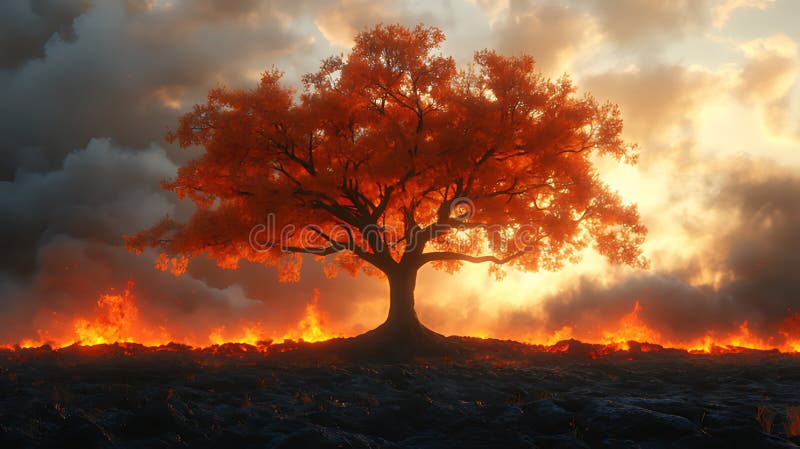 Fiery Sunset Illuminates a Lone, Fiery Tree Amidst Burning Landscape ...