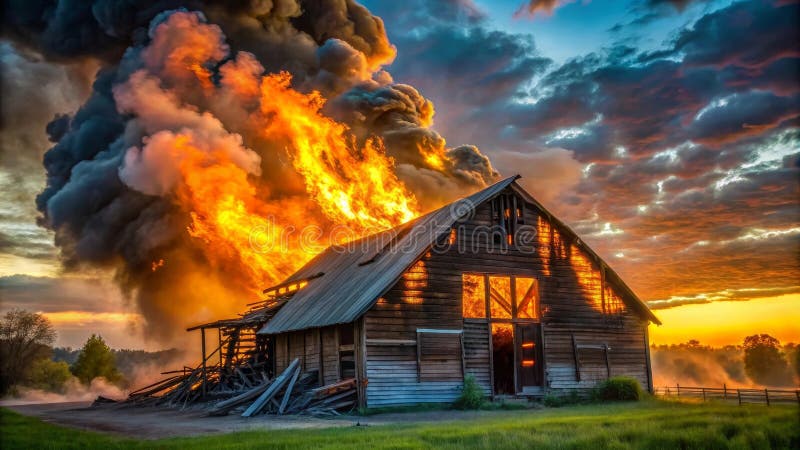 Fiery Sunset Inferno Consumes Rustic Wooden Barn Structure. Generative ...