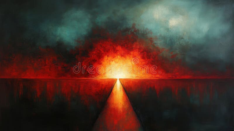 Fiery Sunset Landscape with a Bright Path Ahead Stock Illustration ...