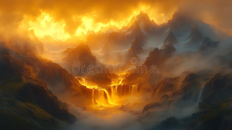 Fiery Sunset, Lava Waterfall, Mountain Range, Fantasy Landscape ...