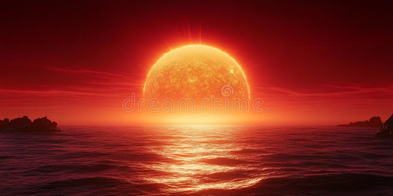 Fiery Sunset Ocean Dramatic Red Sky Sun Sea Rocks Stock Illustration ...