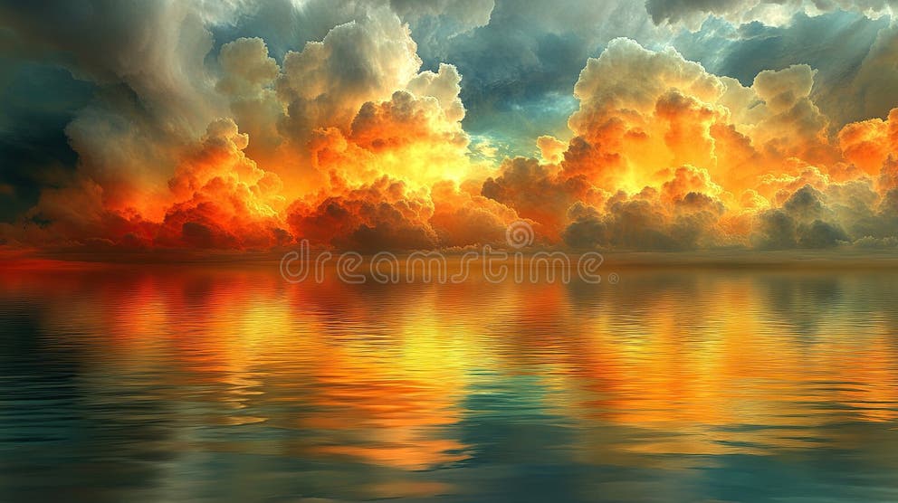 Fiery Sunset Ocean Reflection, Dramatic Cloudscape, Peaceful Scene ...