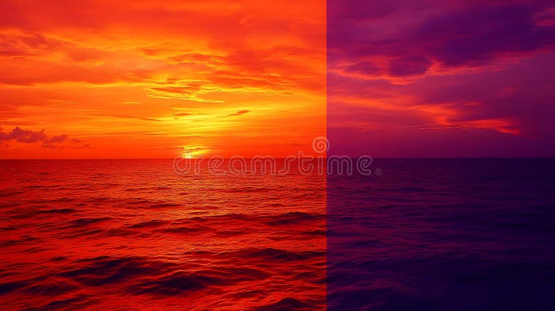 Fiery Sunset Ocean Split Landscape Dramatic Colors Royalty Free Image ...