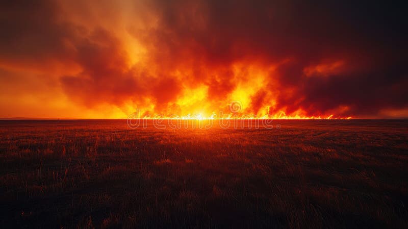 Fiery Sunset Over Burning Prairie a Dramatic Landscape Stock ...