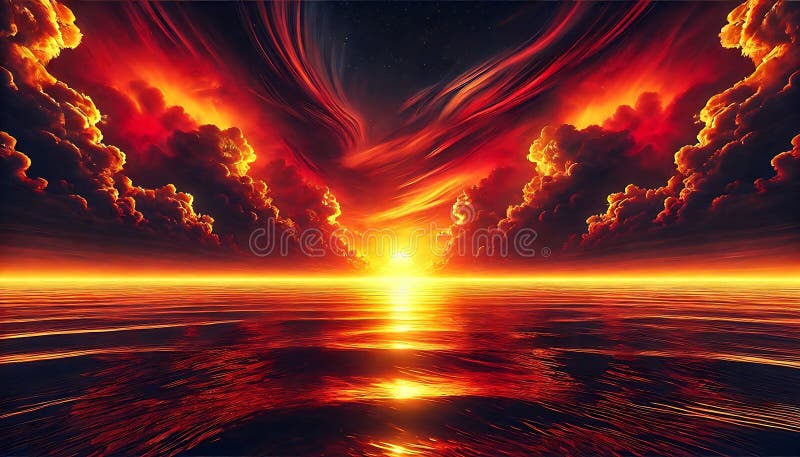 Fiery Sunset Over Calm Ocean, Glowing Horizon. Stock Photo - Image of ...