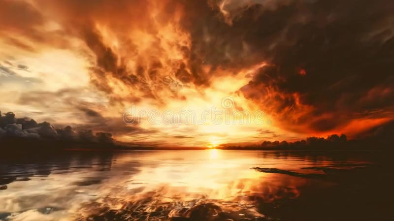 Fiery Sunset Over Calm Ocean Waters, Dramatic Cloudscape Stock Footage - Video of awesome ...