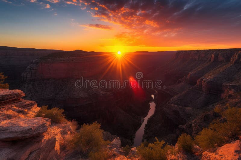 Fiery Sunset Over Canyon, with the Sun Casting Its Golden Rays on the ...