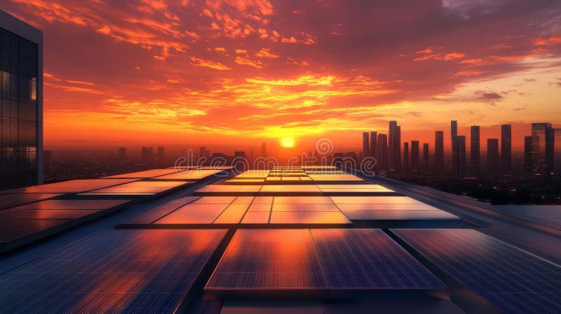 Fiery Sunset Over City Skyline with Rooftop Solar Panels Stock ...