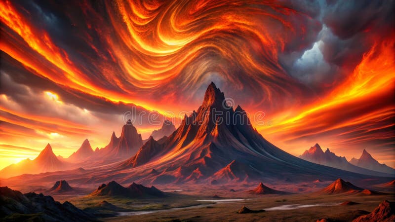 Fiery Sunset Over a Dramatic Mountain Range, a Vivid and Imaginative ...