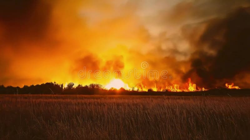 Fiery Sunset Over a Field with a Wildfire in the Background Stock Video ...