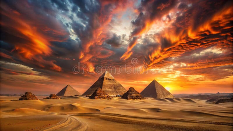 Fiery Sunset Over Giza Pyramids Desert Landscape Composition Stock ...