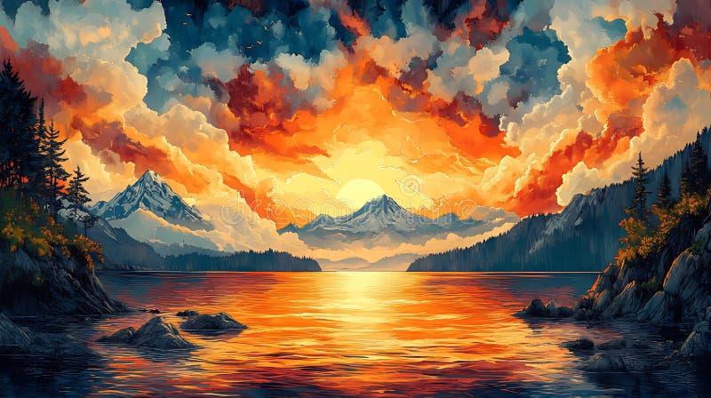 Fiery Sunset Over Mountain Lake, Cloudscape, Nature, Digital Art ...