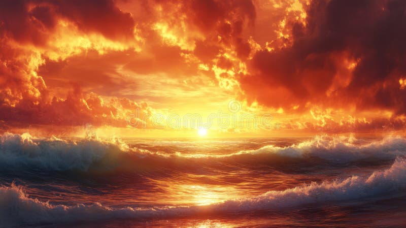 Fiery Sunset Over Ocean Waves Stock Illustration - Illustration of calm ...