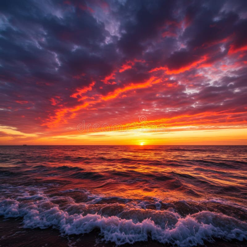 Fiery Sunset Over Ocean Waves Stock Illustration - Illustration of dramatic, sunset: 379207058