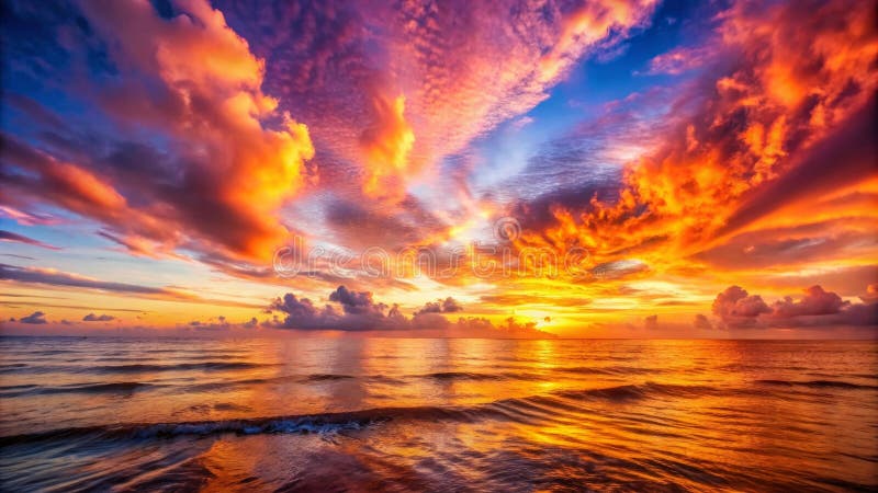 Fiery Sunset Over Ocean Waves with Dramatic Cloudscape. Generative AI ...