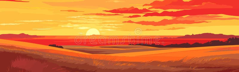Fiery Sunset Over a Prairie Vector Simple 3d Smooth Isolated ...