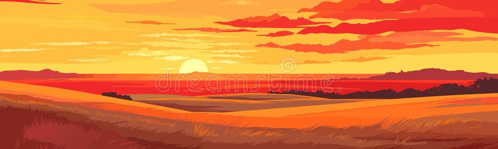 Fiery Sunset Over a Prairie Vector Simple 3d Smooth Isolated ...