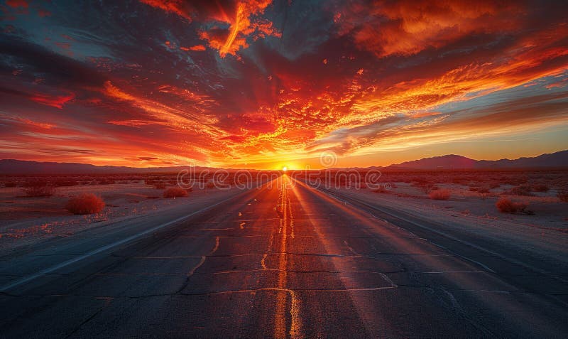 A Fiery Sunset Over a Straight Road with Mountains in the Distance ...