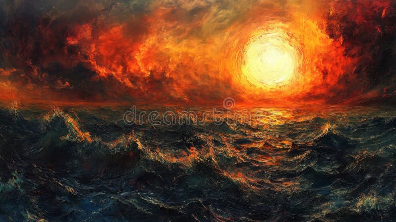 Fiery Sunset Over a Turbulent Ocean Stock Illustration - Illustration ...