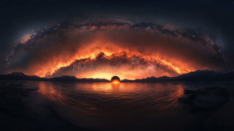 Fiery Sunset Over Water with Milky Way Galaxy Reflection Stock ...