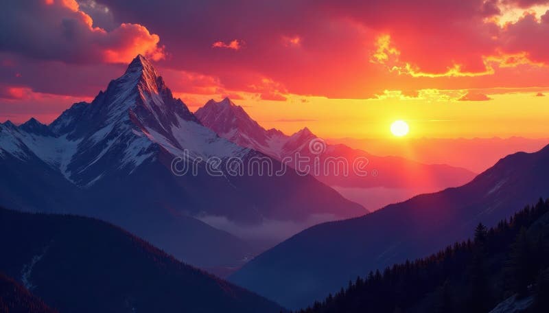 Fiery Sunset Paints Mountain Peaks, Long Shadows Stretch , Hill, Dark ...