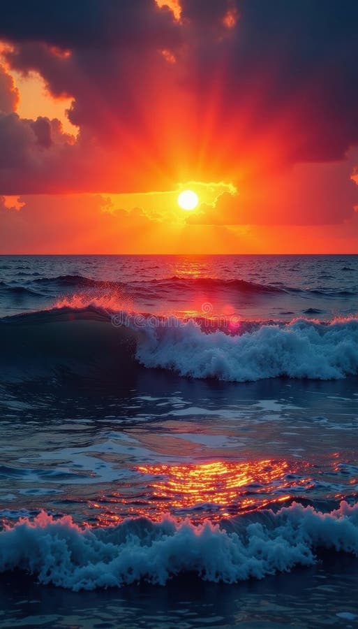 Fiery Sunset Paints Ocean, Sun S Gleam on Waves, Horizon, Reflection ...