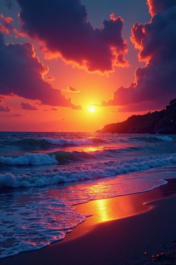 Fiery Sunset Paints Sky, Waves Gently Lap Shore, Sunset, Sand Stock Illustration - Illustration ...