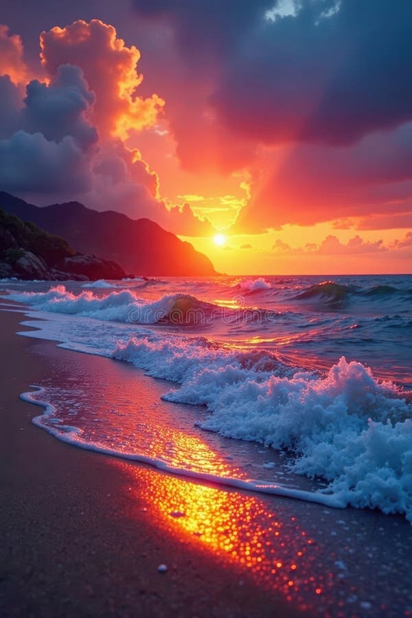Fiery Sunset Paints Waves Breaking on Sandy Beach , Design, Vibrant ...