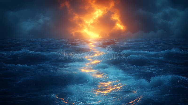 Fiery Sunset Path Over Stormy Ocean Waves Stock Illustration ...