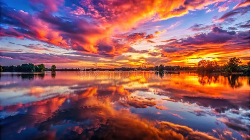 Fiery Sunset Reflected on a Calm Lake S Surface. Generative AI Stock ...