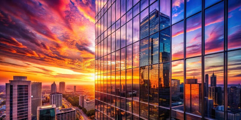Fiery Sunset Reflected in Modern Skyscraper Windows, Cityscape Panorama ...