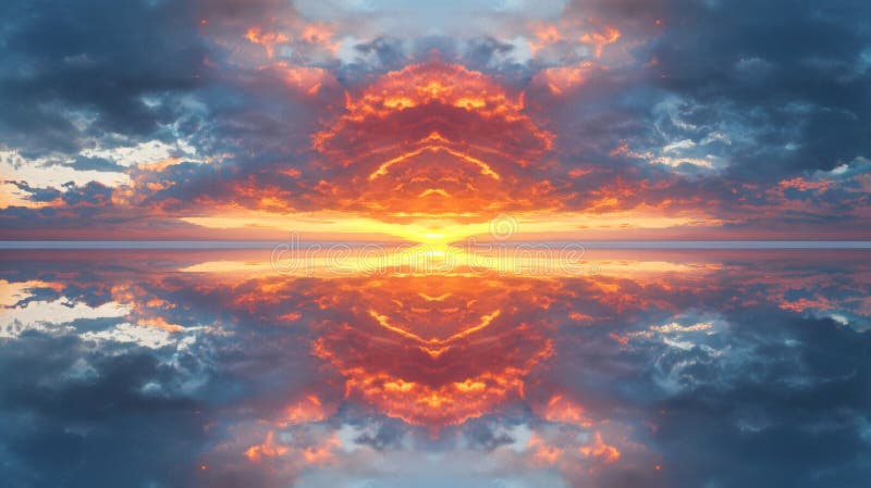 Fiery Sunset Reflection on Calm Water Stock Illustration - Illustration ...