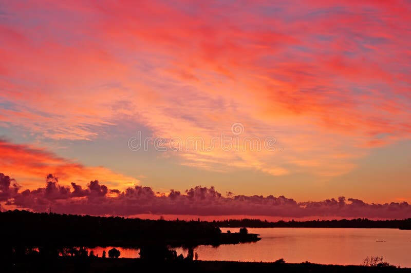 Fiery Sunset on River with Silhouette Land, Perth Stock Image - Image ...