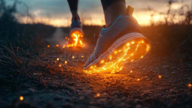 Fiery Sunset Run: Runner S Feet with Sparkling Shoes on Trail Stock ...