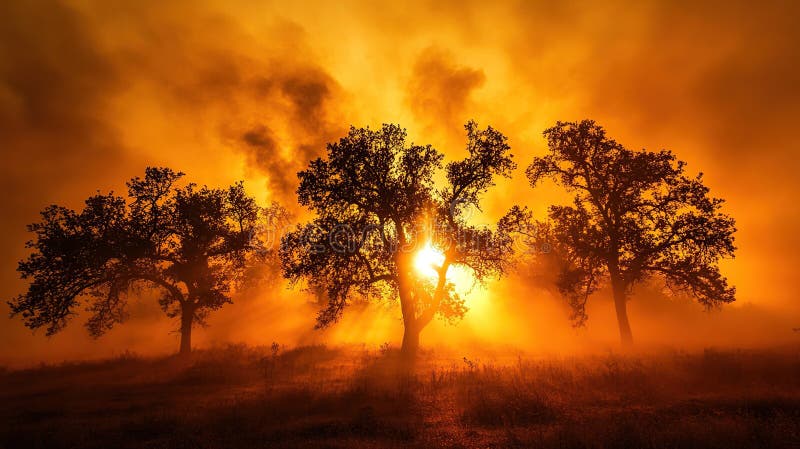 Fiery Sunset Silhouettes of Trees in Hazy Field Stock Image - Image of ...