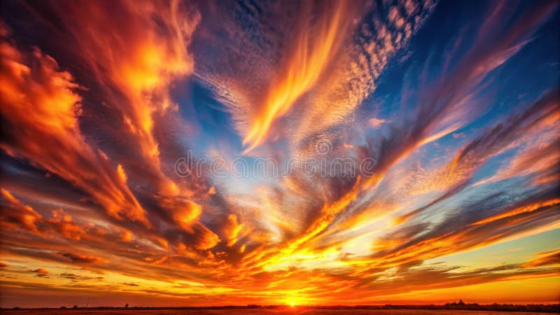 Fiery Sunset Sky with Dramatic Cloud Formations Over a Flat Horizon. Generative AI Stock ...